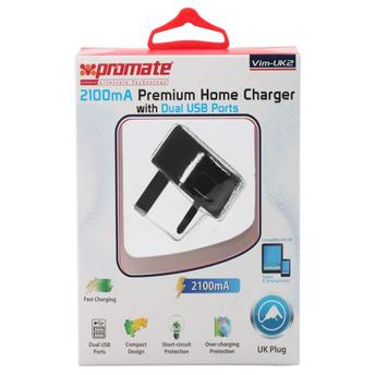 Buy Promate 2100 mA Premium Home Charger With Dual USB Ports (Black ...