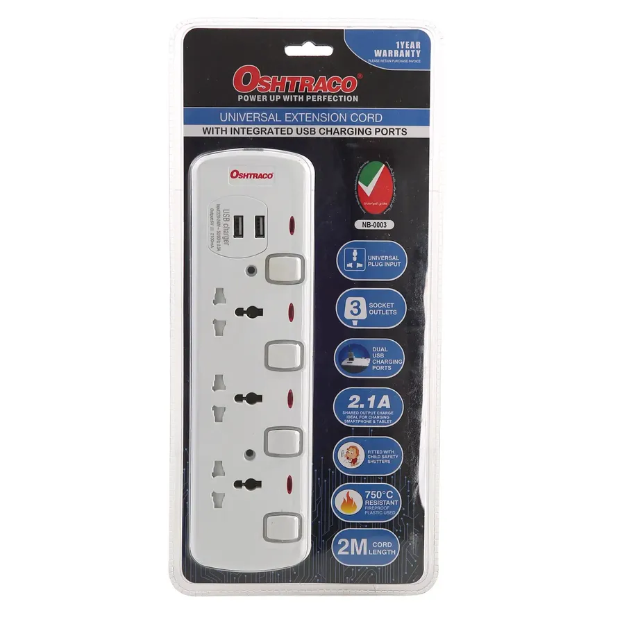 Buy Oshtraco 3-Way Switched Universal Extension Socket W/USB Charging ...